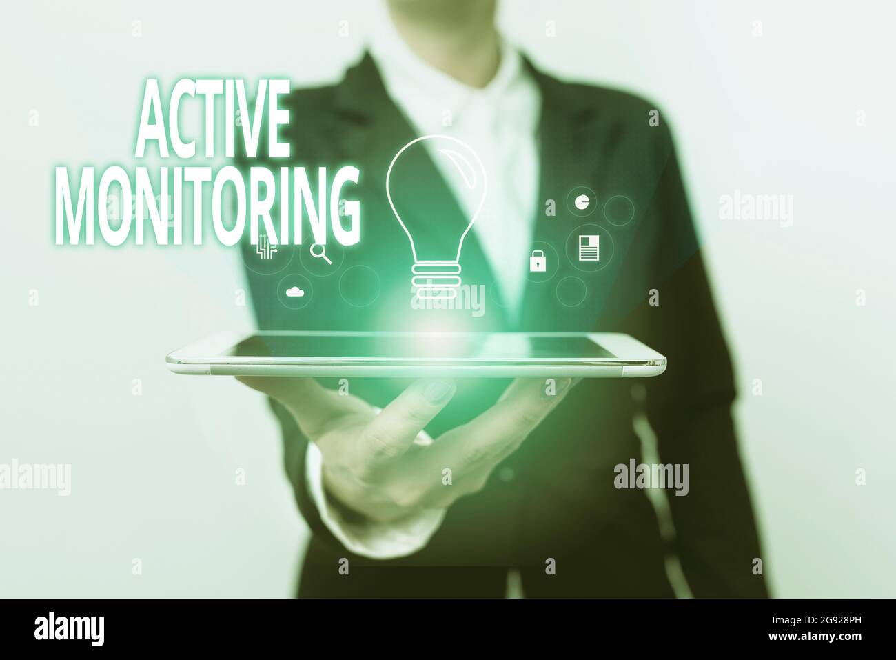 Text caption presenting Active Monitoring. Concept meaning person ...