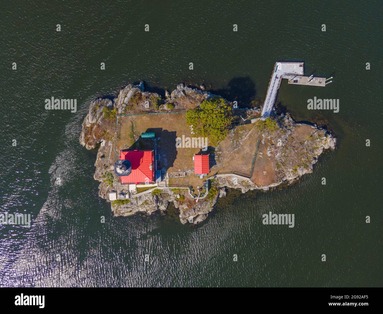 Aerial view of Pomham Rocks Lighthouse on Providence River near ...