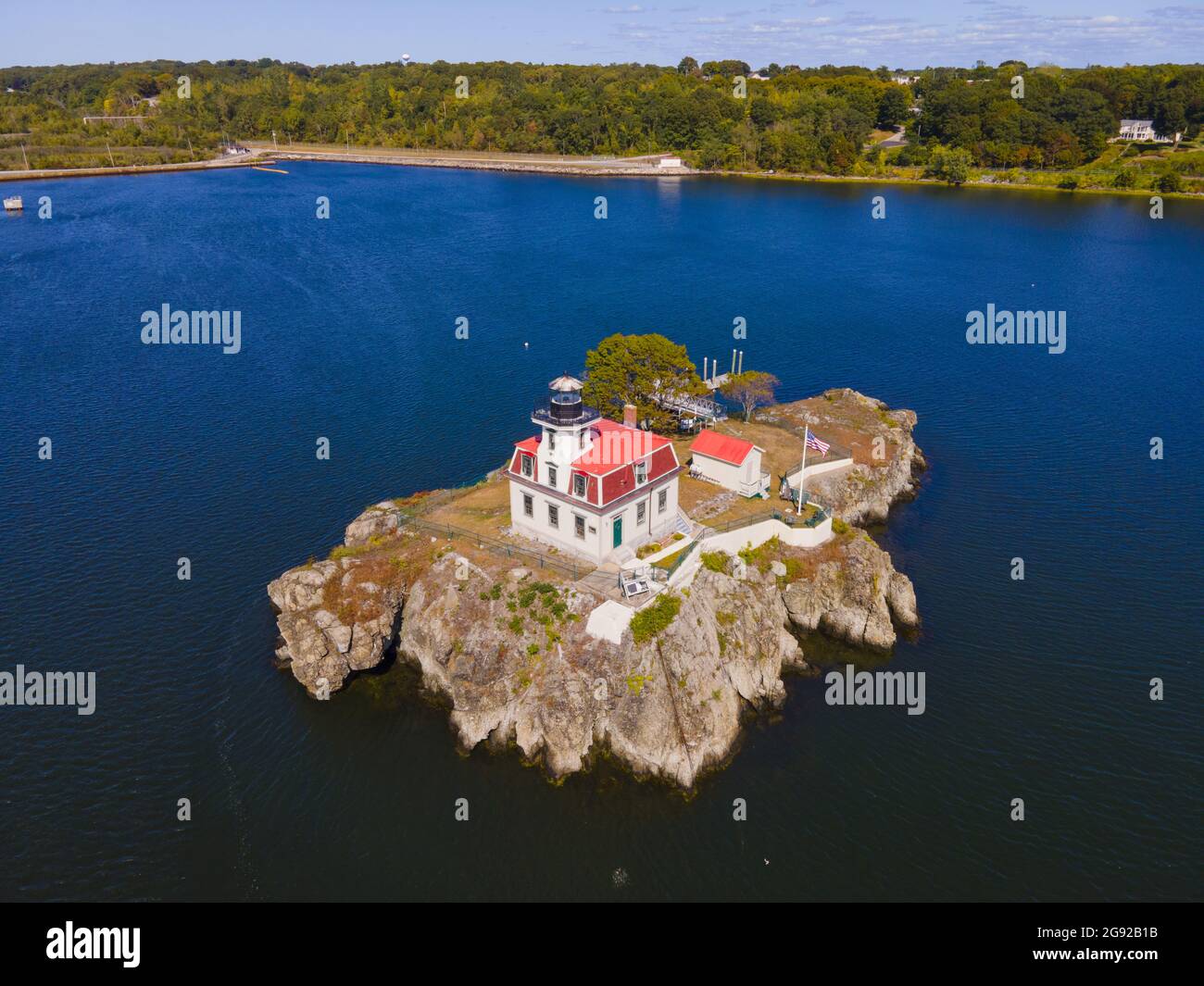 Aerial view of Pomham Rocks Lighthouse on Providence River near ...