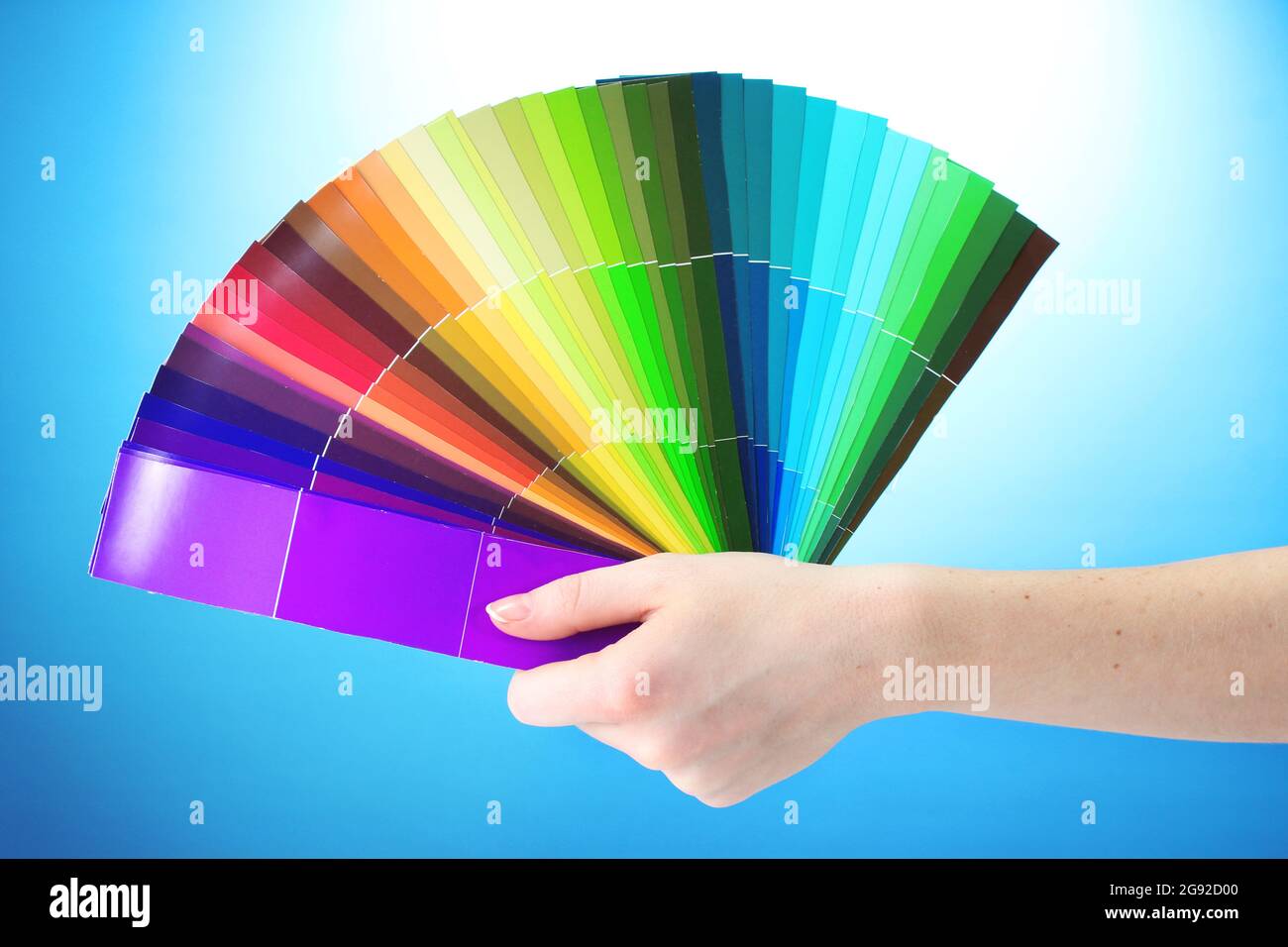 hand holding bright palette of colors on blue background Stock Photo ...