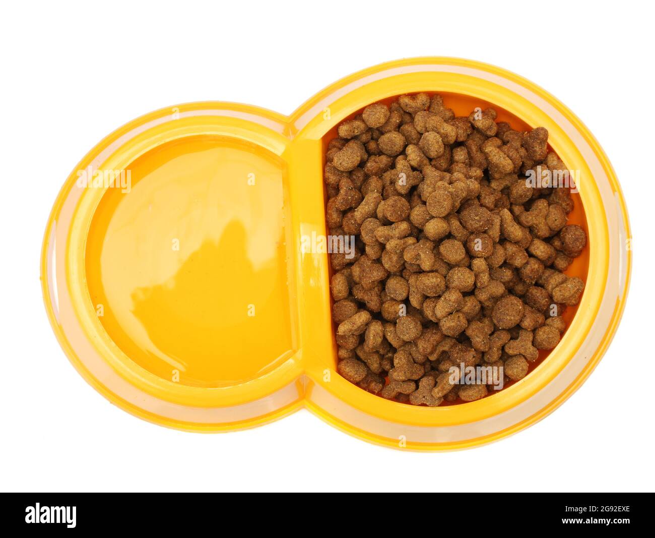 dry cat food and water in yellow bowl isolated on white Stock Photo - Alamy
