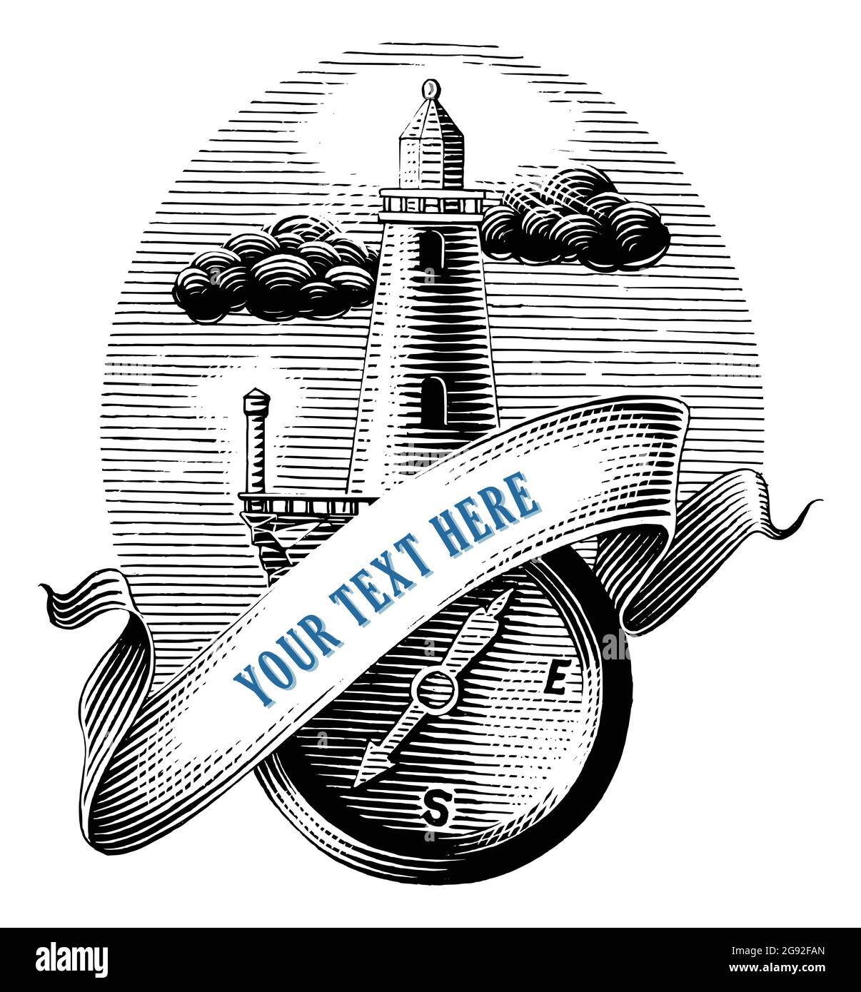 Lighthouse with compass logo hand draw vintage engraving style black ...