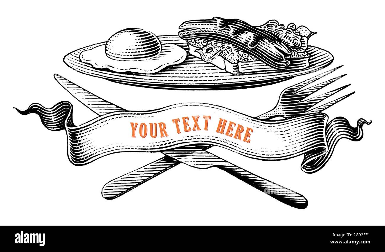 Breakfast with ribbon logo hand draw vintage engraving style black and ...