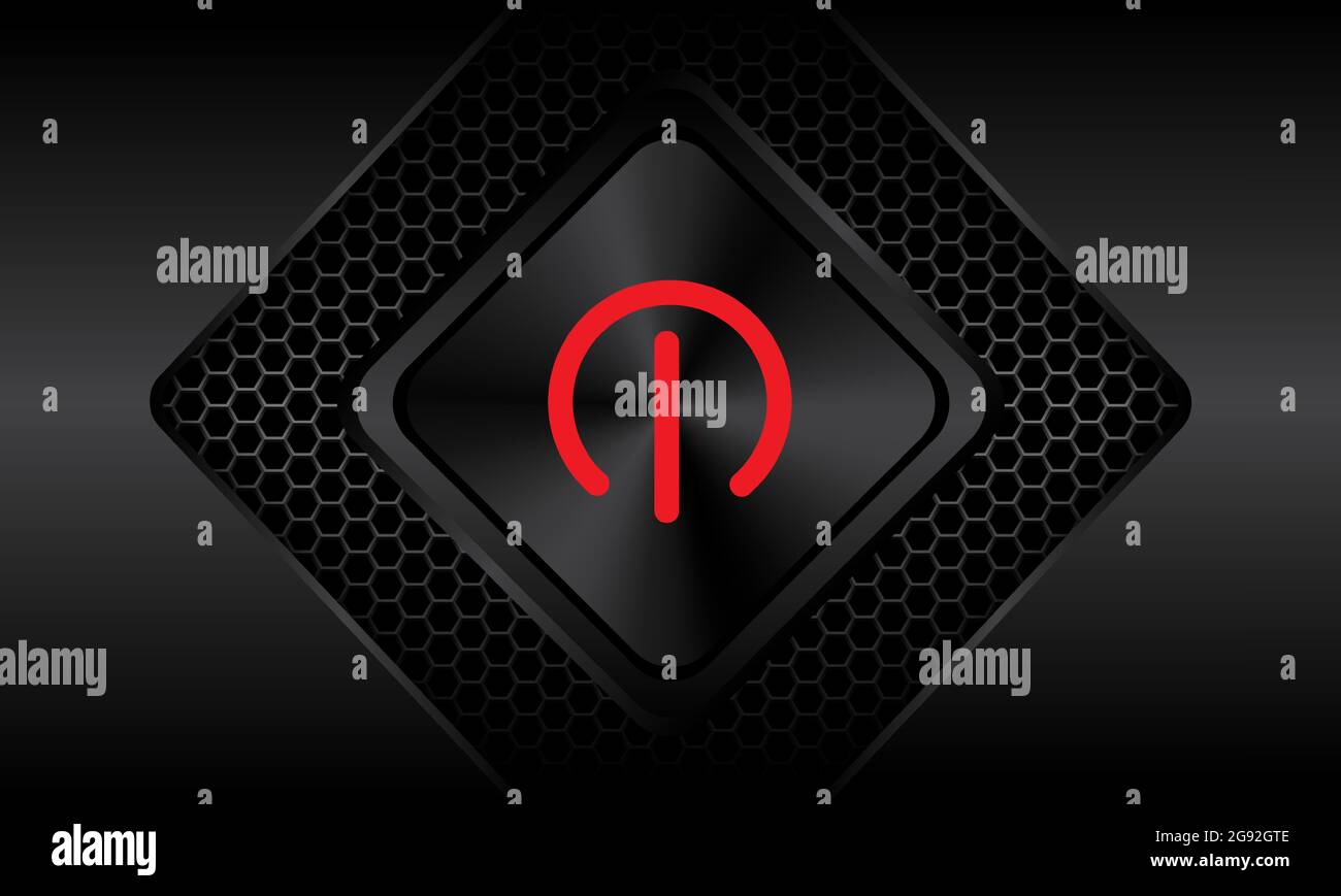 Dark grey metallic square button power red light on hexagon mesh ...