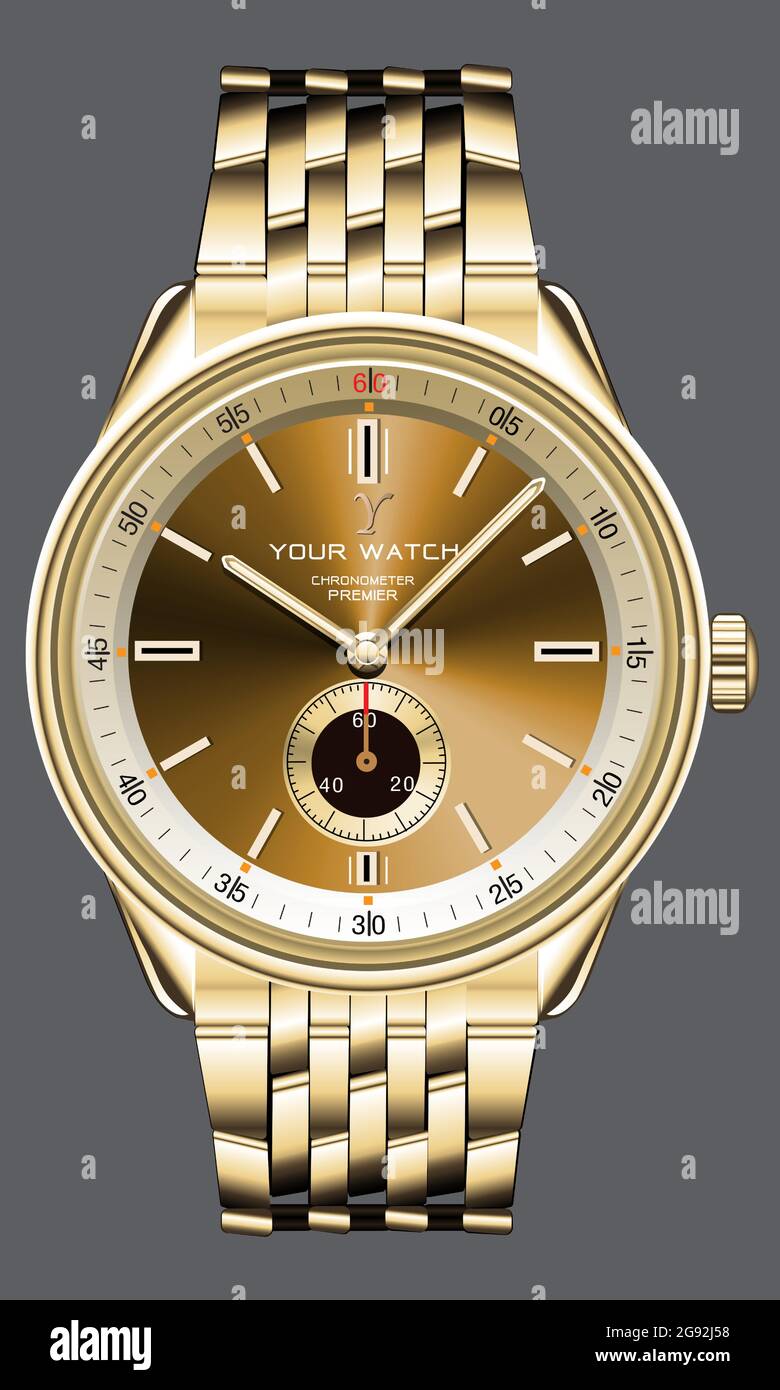 Realistic golden watch clock chronograph design for men fashion on grey ...