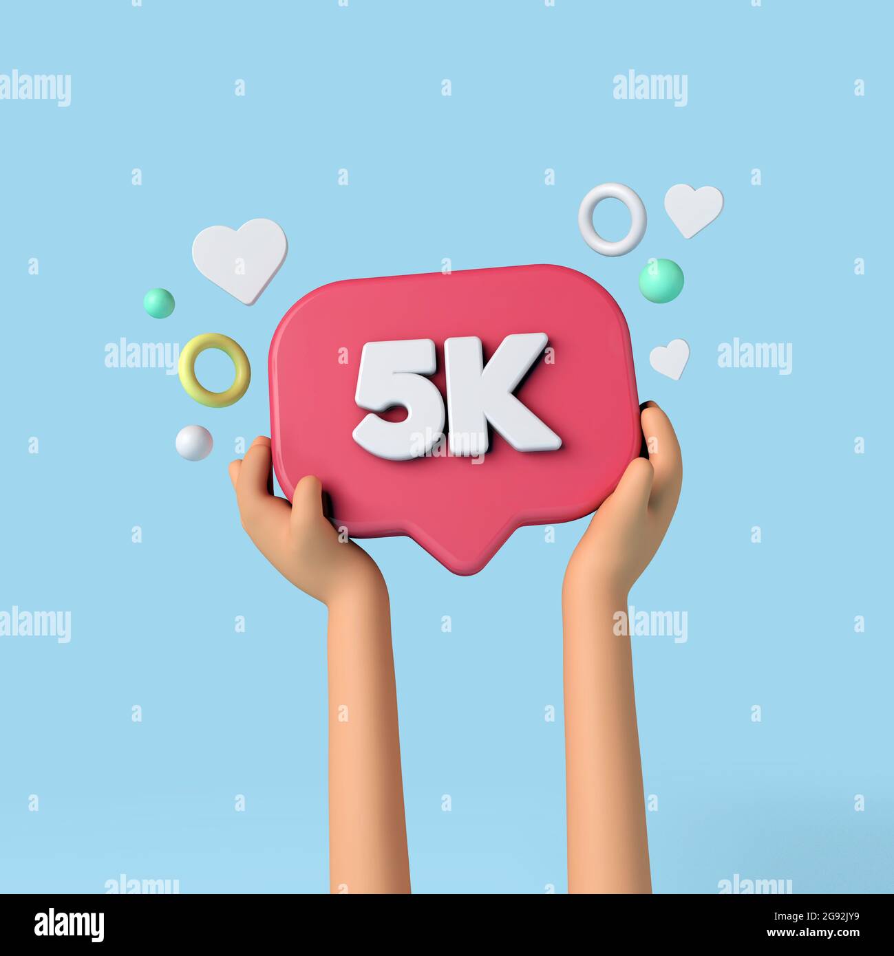 5k social media subscribers sign held by an influencer. 3D Rendering ...