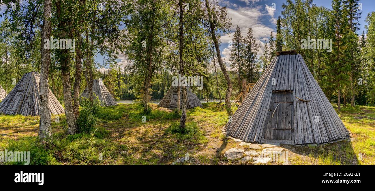 Ankerede, Sweden - 12 July, 2021: view of many historic Sami Lavvu huts ...