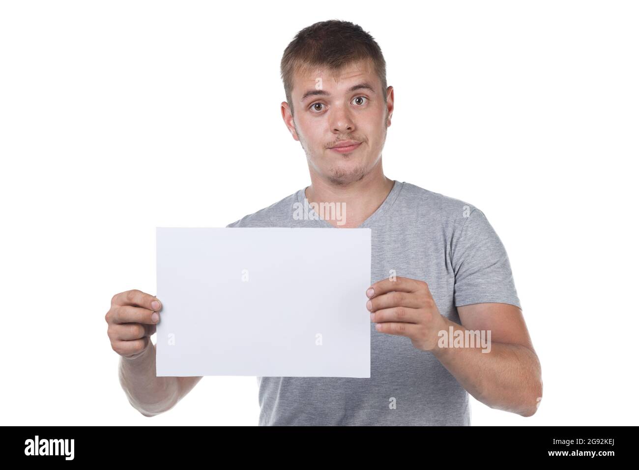 Photo of bristle man holding white paper sheet Stock Photo - Alamy