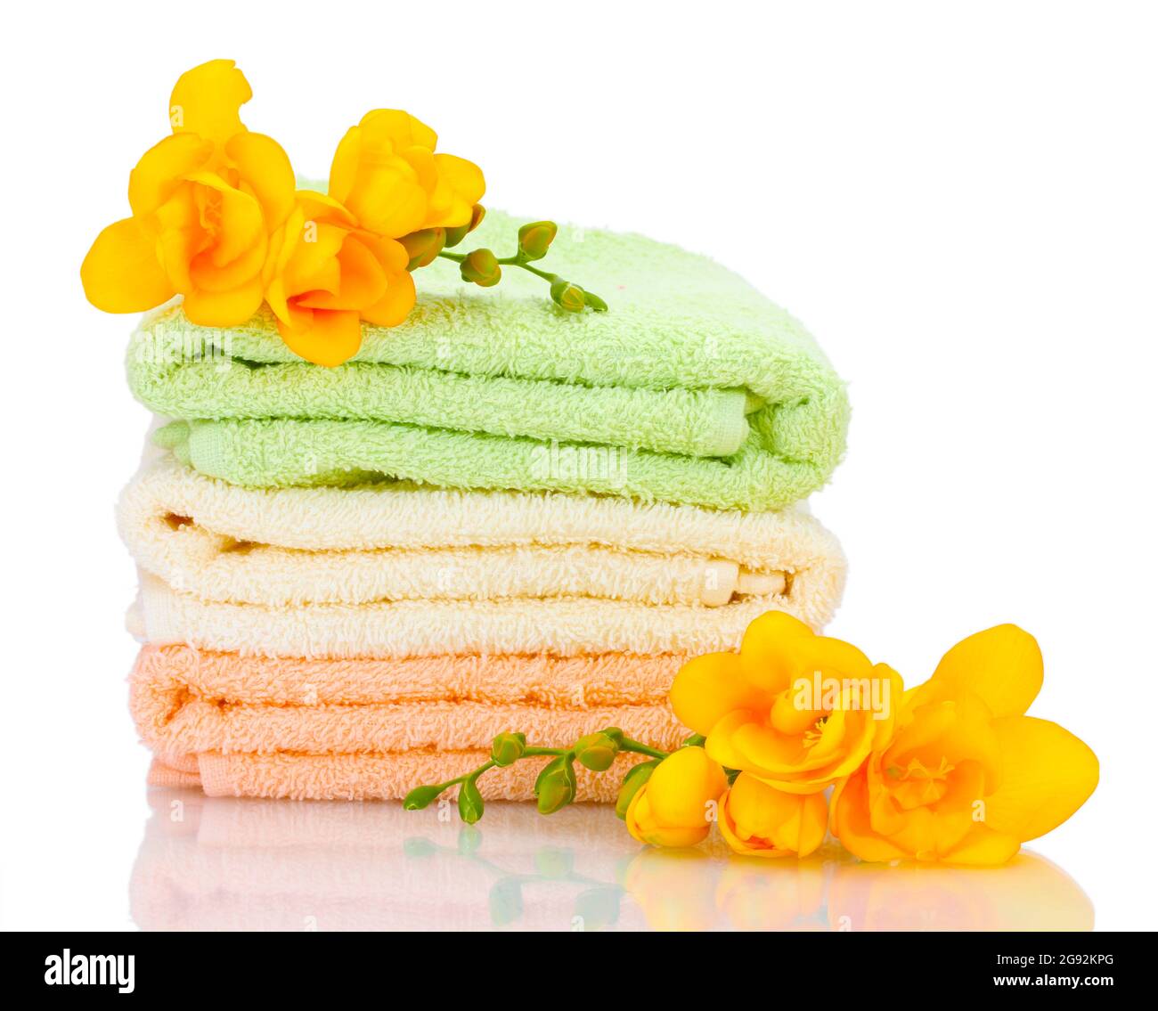 colorful towels and flowers isolated on white Stock Photo - Alamy