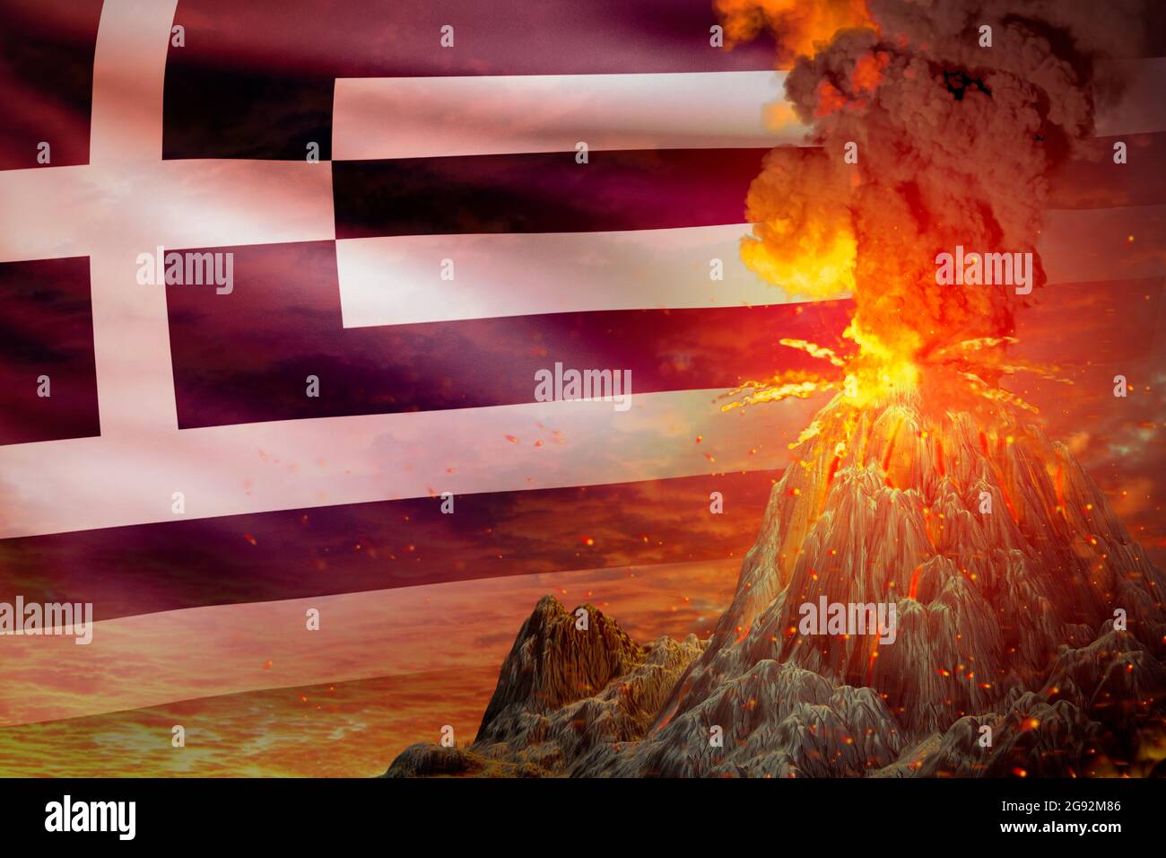 conical volcano blast eruption at night with explosion on Greece flag ...
