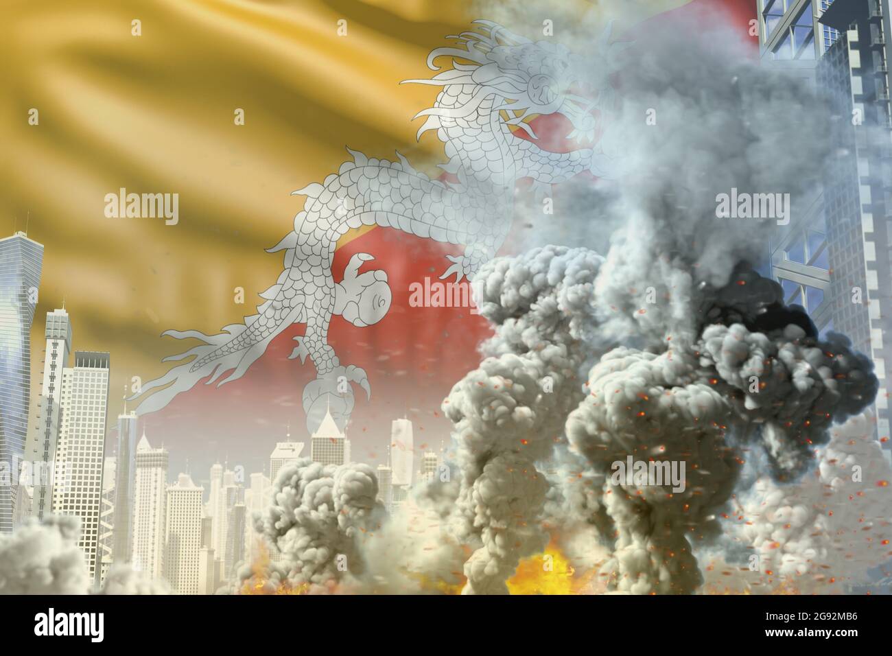 huge smoke pillar with fire in abstract city - concept of industrial ...