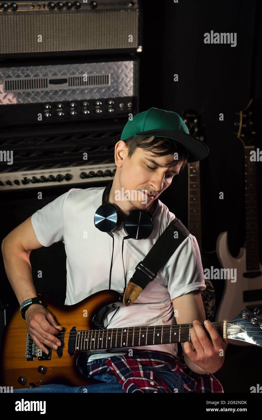Base guitarist rehearsal in studio hi-res stock photography and images ...