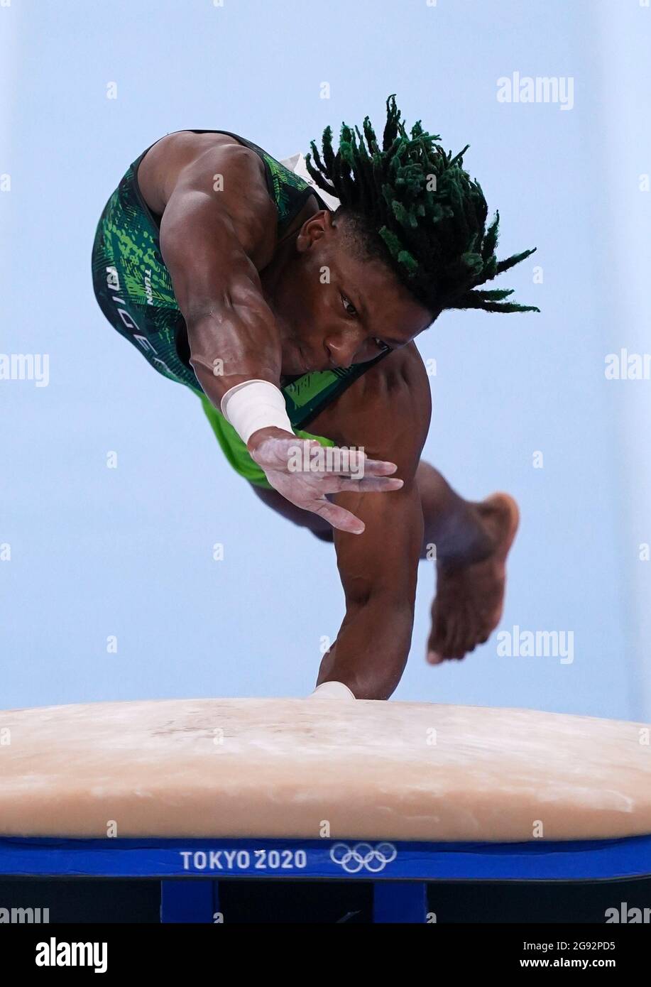 Nigeria's Uche Eke competes on the vault during the Men's Artistic ...