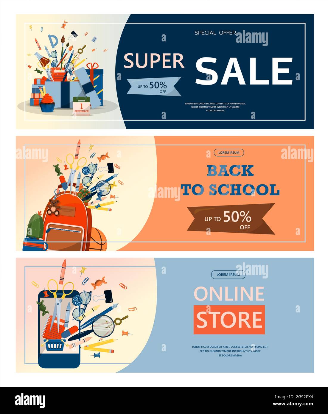 Back to school. Advertising banner, sale, online store, web. Stationery ...