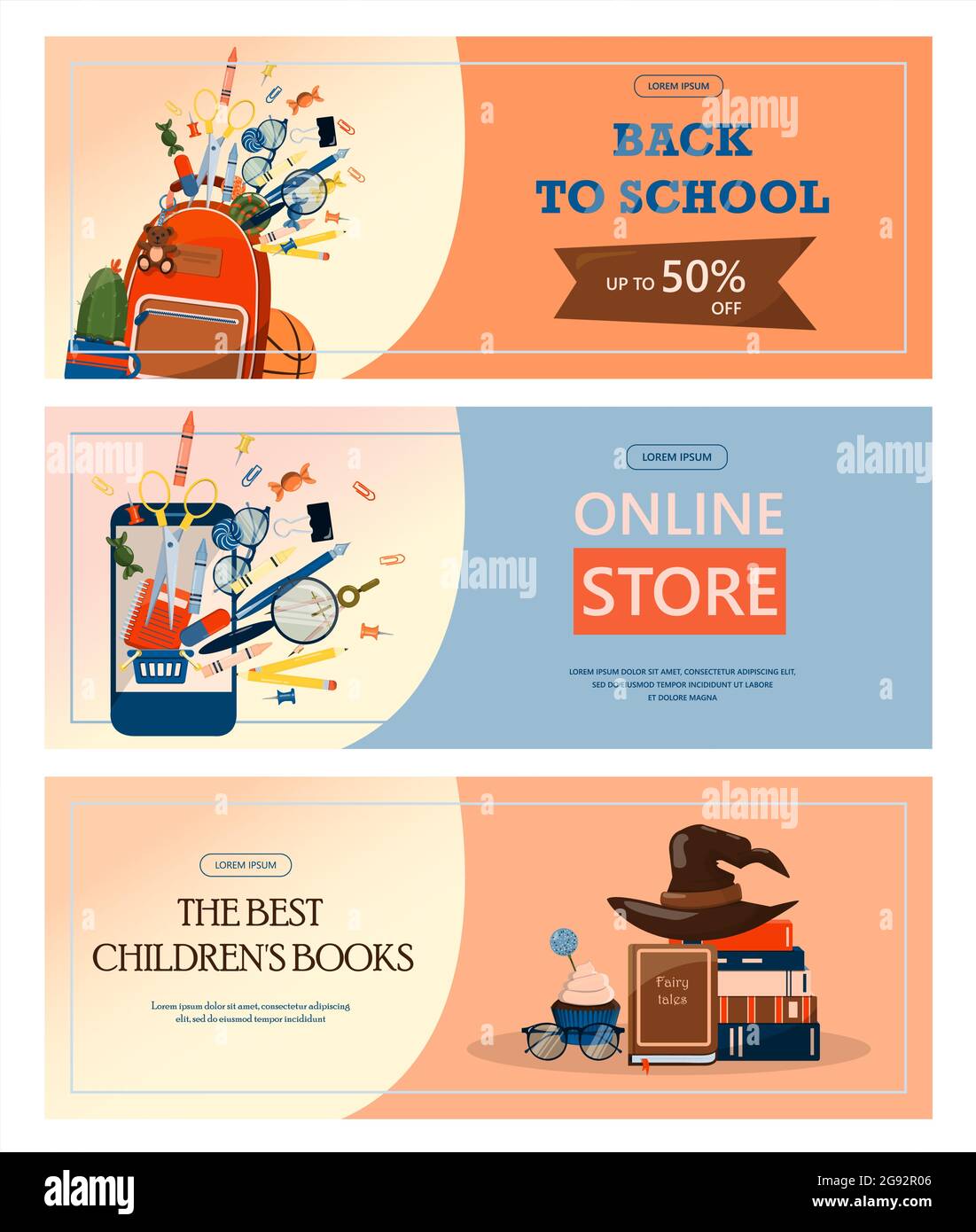 Back to school. Advertising banner, sale, online store, web. Stationery ...