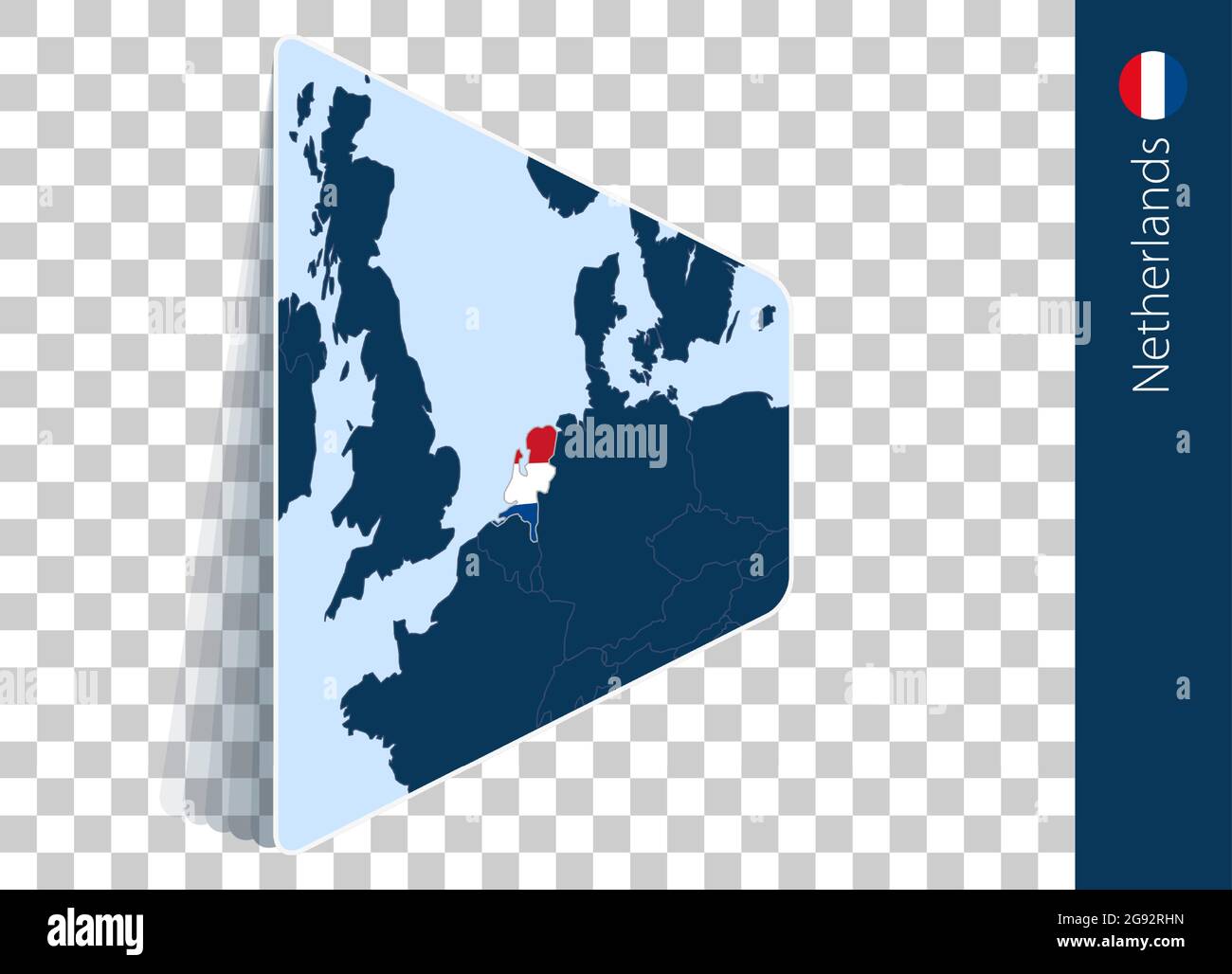 Netherlands map and flag on transparent background. Highlighted Netherlands on blue vector map ...