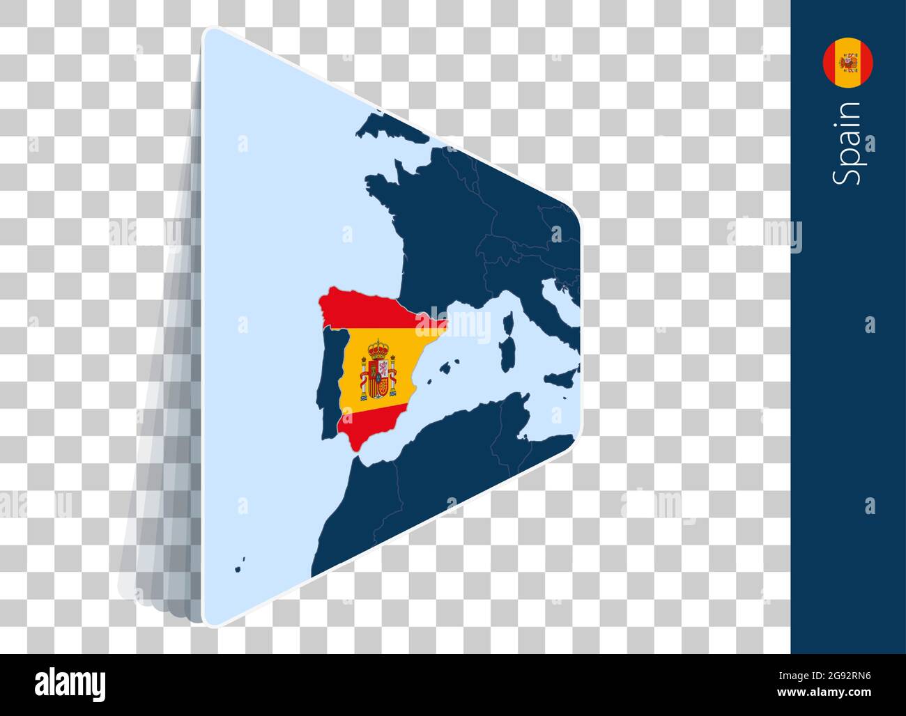Spain map and flag on transparent background. Highlighted Spain on blue ...