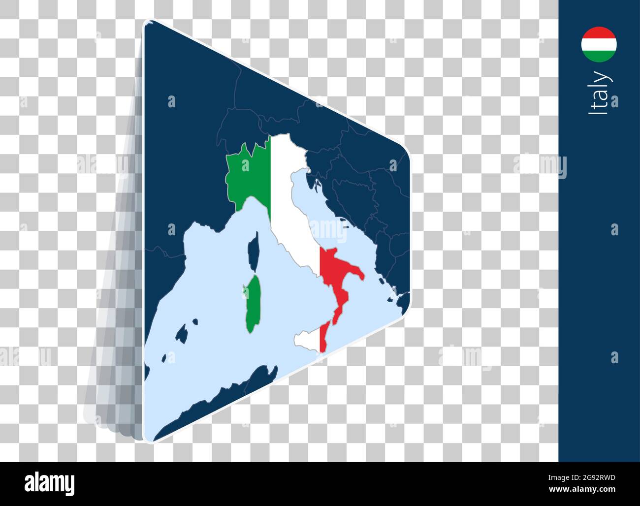 Italy map and flag on transparent background. Highlighted Italy on blue ...