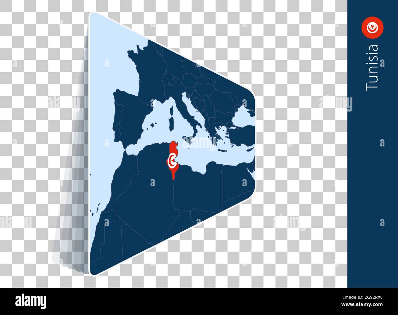 Tunisia map and flag on transparent background. Highlighted Tunisia on blue vector map Stock ...