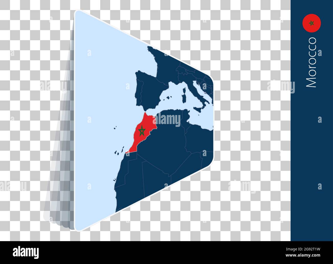 Morocco map and flag on transparent background. Highlighted Morocco on blue vector map Stock ...