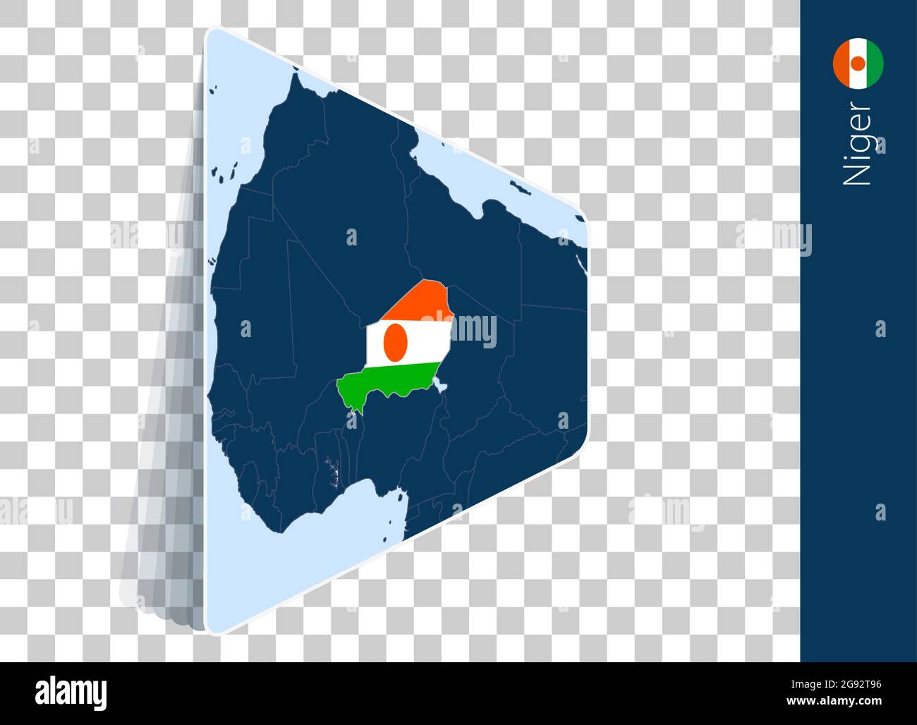 Niger map and flag on transparent background. Highlighted Niger on blue ...