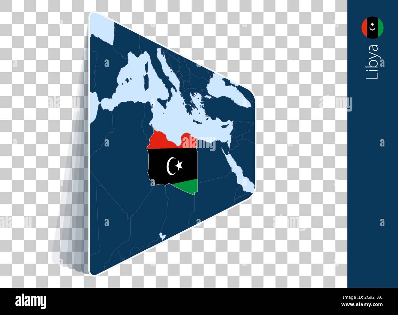 Libya map and flag on transparent background. Highlighted Libya on blue ...