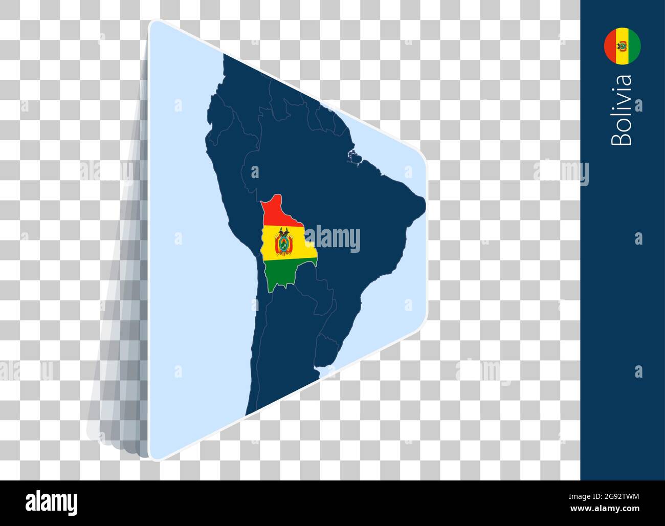 Bolivia map and flag on transparent background. Highlighted Bolivia on blue vector map Stock ...