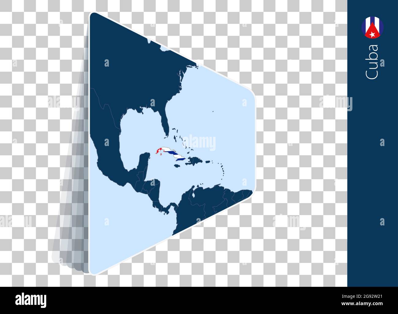 Cuba map and flag on transparent background. Highlighted Cuba on blue ...