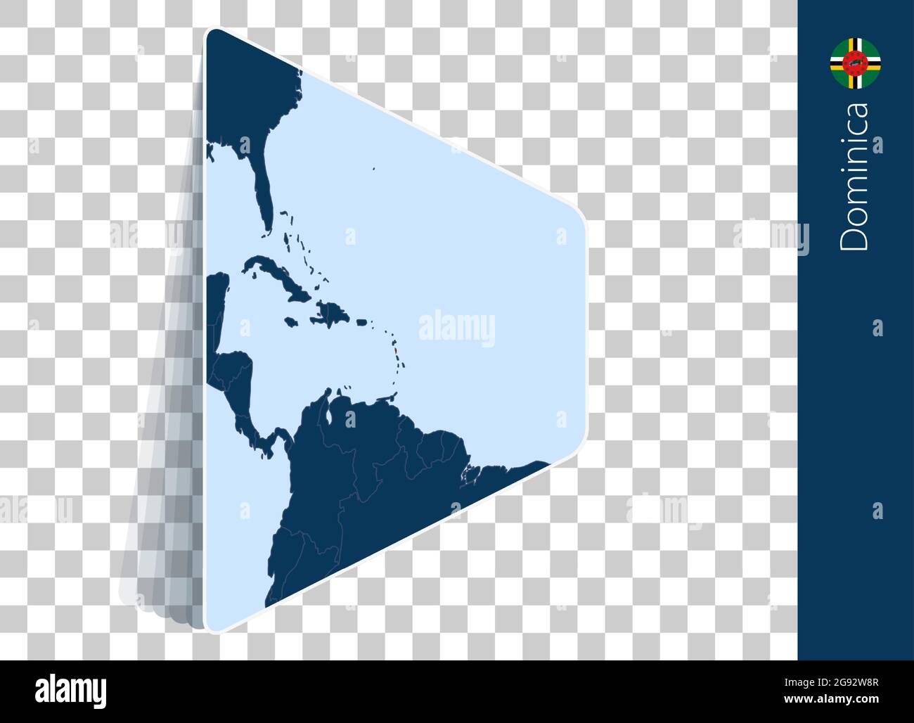 Dominica map and flag on transparent background. Highlighted Dominica on blue vector map Stock ...