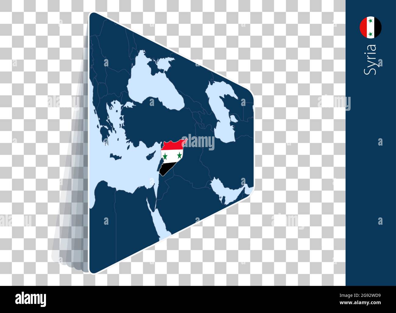 Syria map and flag on transparent background. Highlighted Syria on blue ...