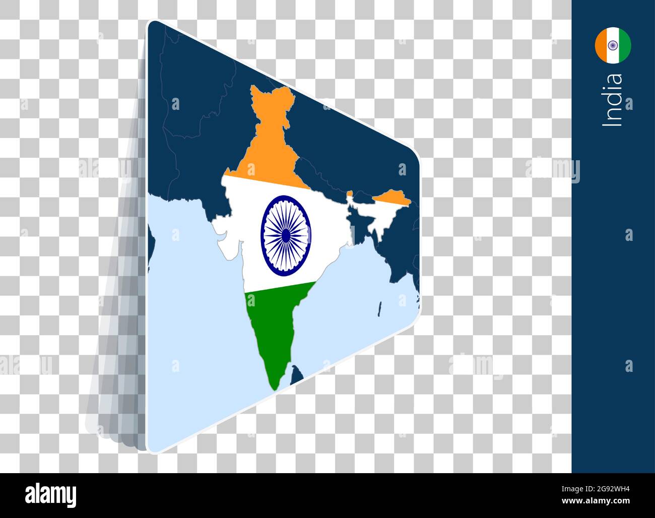 India map and flag on transparent background. Highlighted India on blue ...