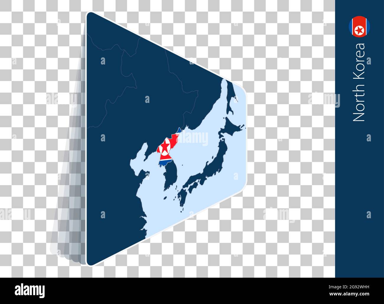 North Korea map and flag on transparent background. Highlighted North Korea on blue vector map ...