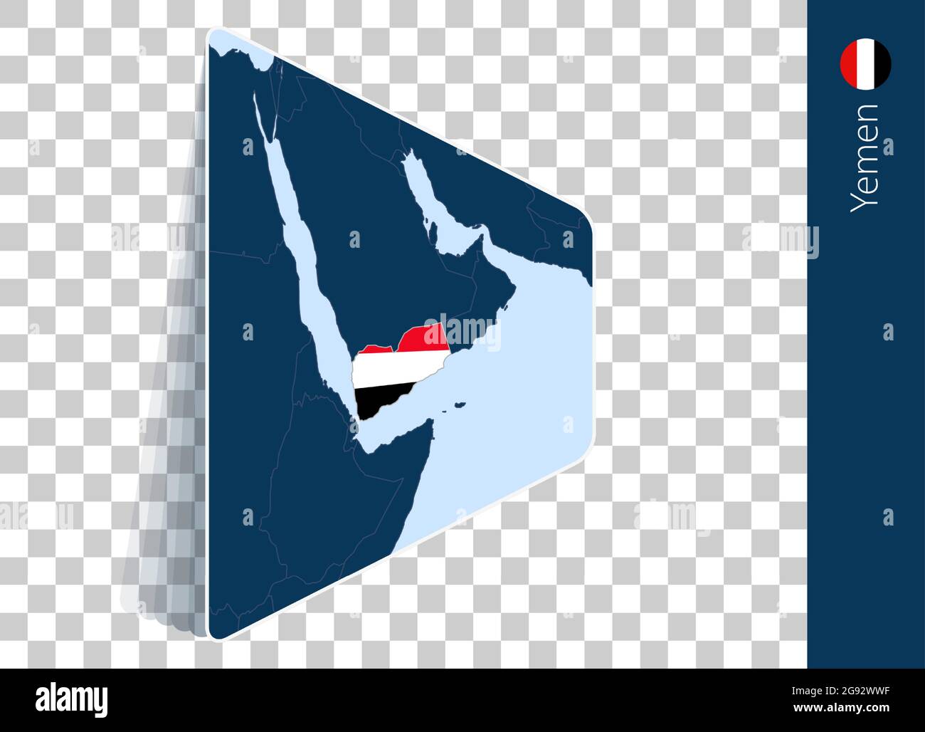 Yemen map and flag on transparent background. Highlighted Yemen on blue ...