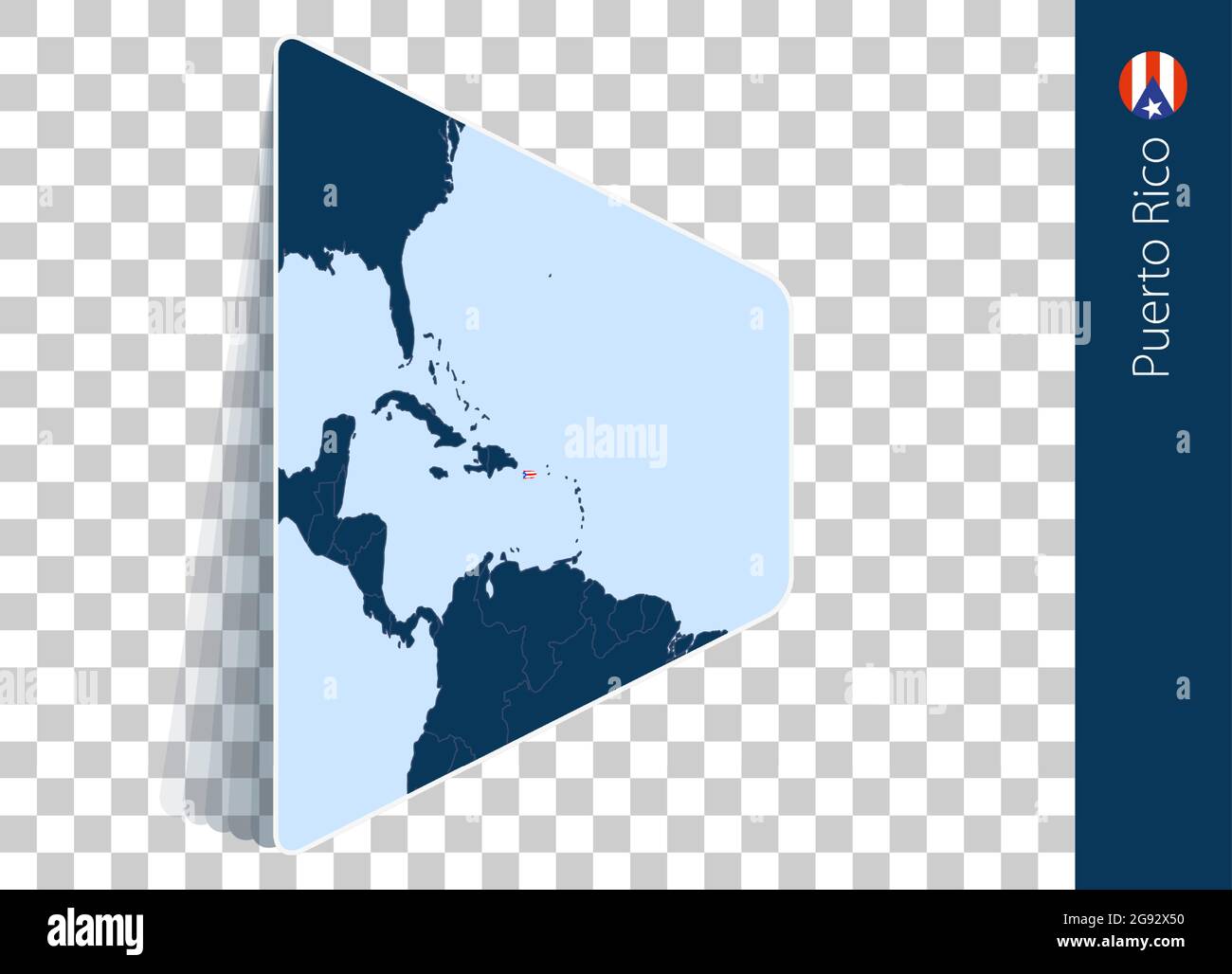 Puerto Rico map and flag on transparent background. Highlighted Puerto Rico on blue vector map ...