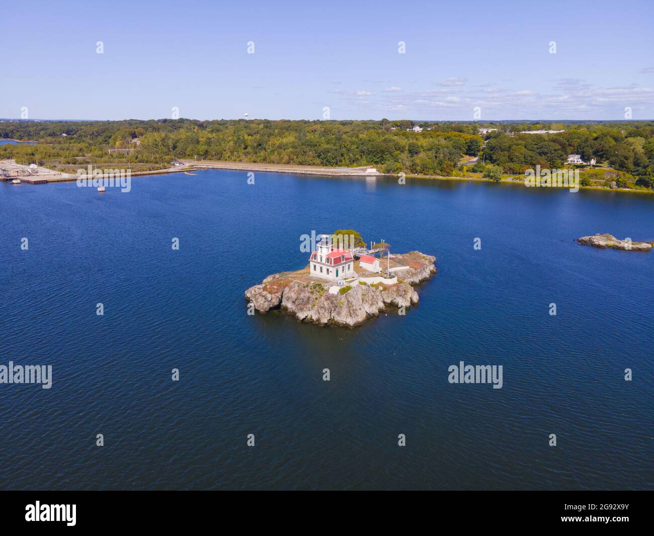 Aerial view of Pomham Rocks Lighthouse on Providence River near ...
