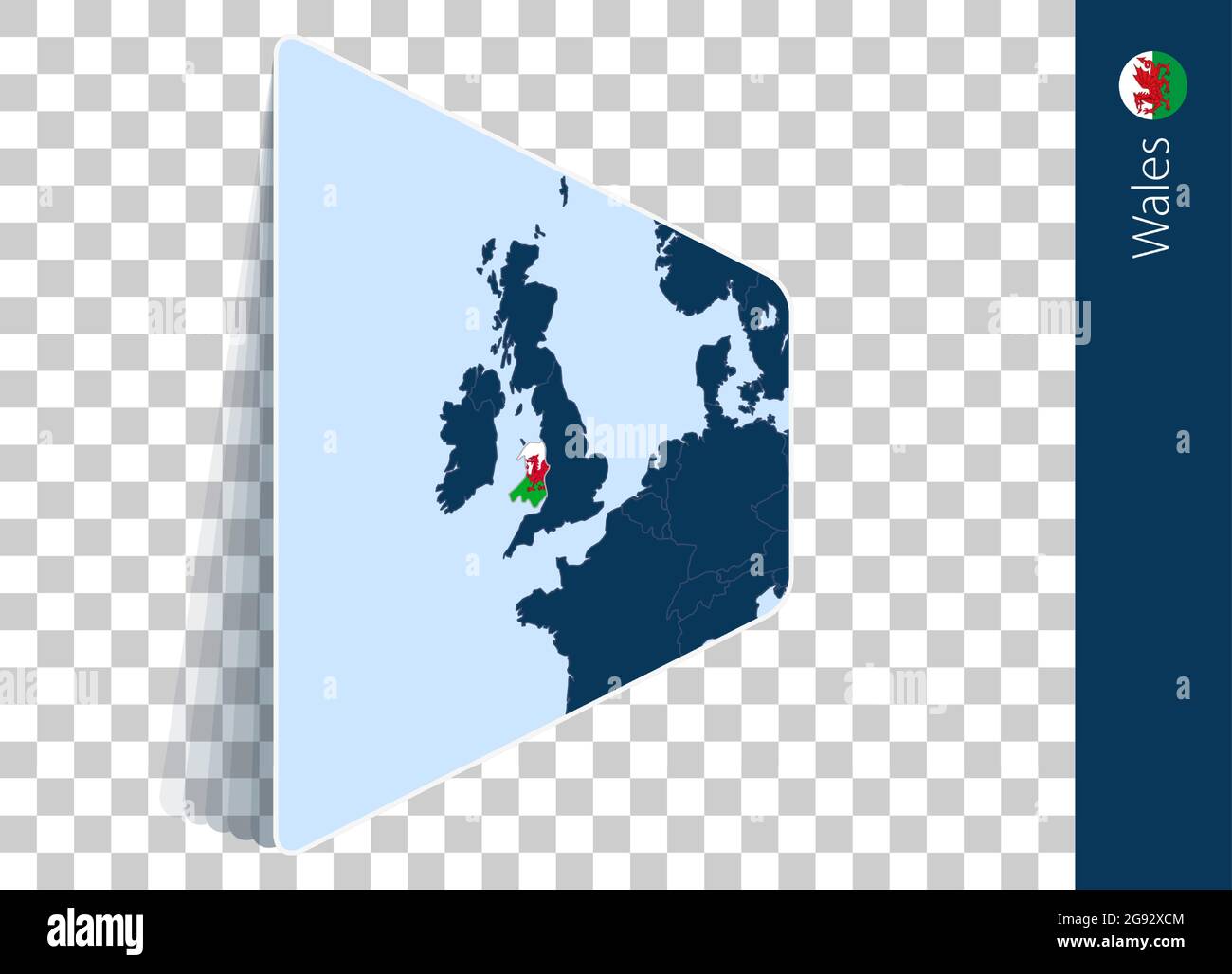 Wales map and flag on transparent background. Highlighted Wales on blue ...