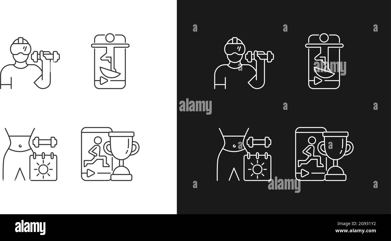 Online fitness challenges linear icons set for dark and light mode ...