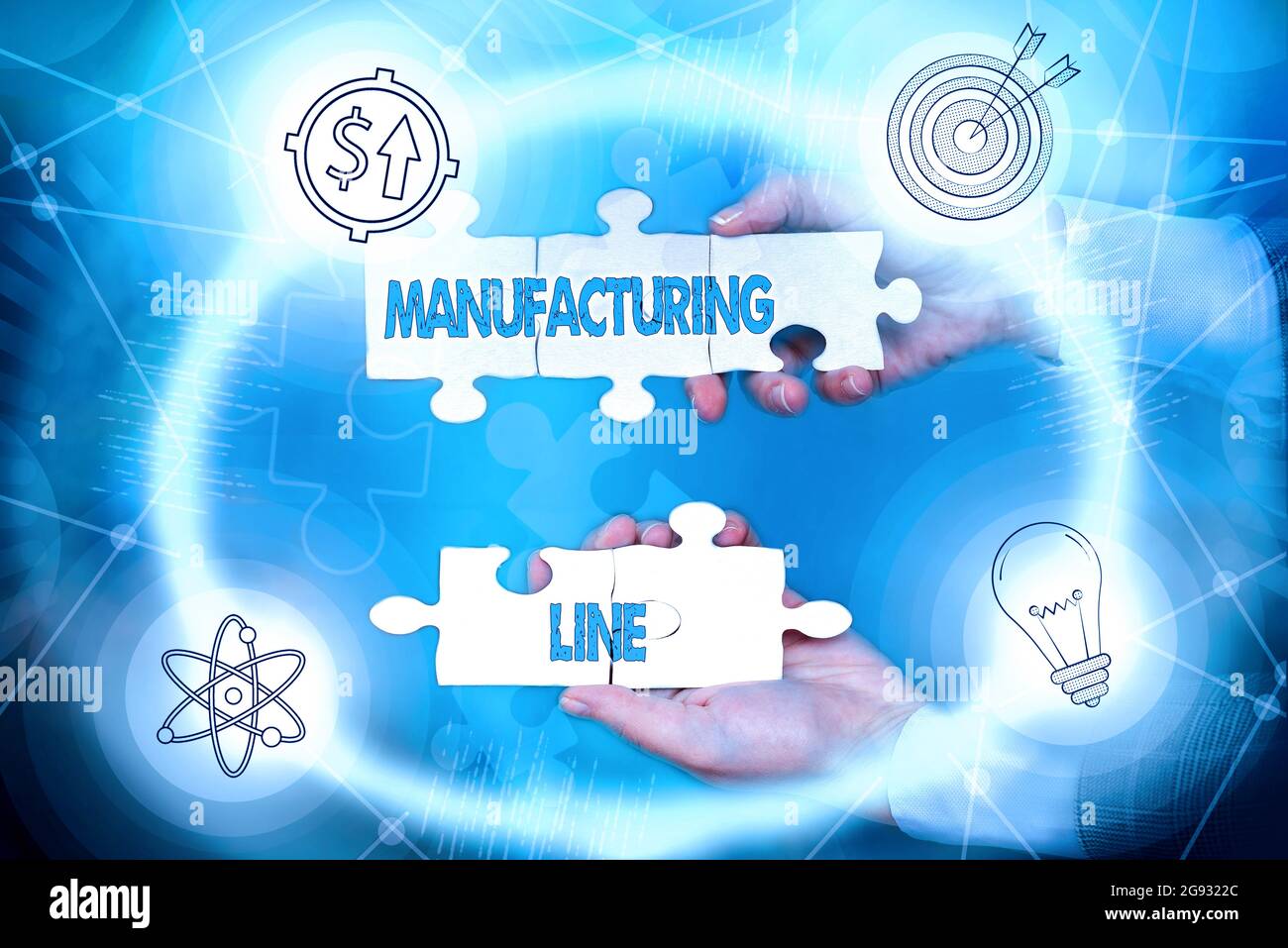 Conceptual caption Manufacturing Line. Word Written on set of ...