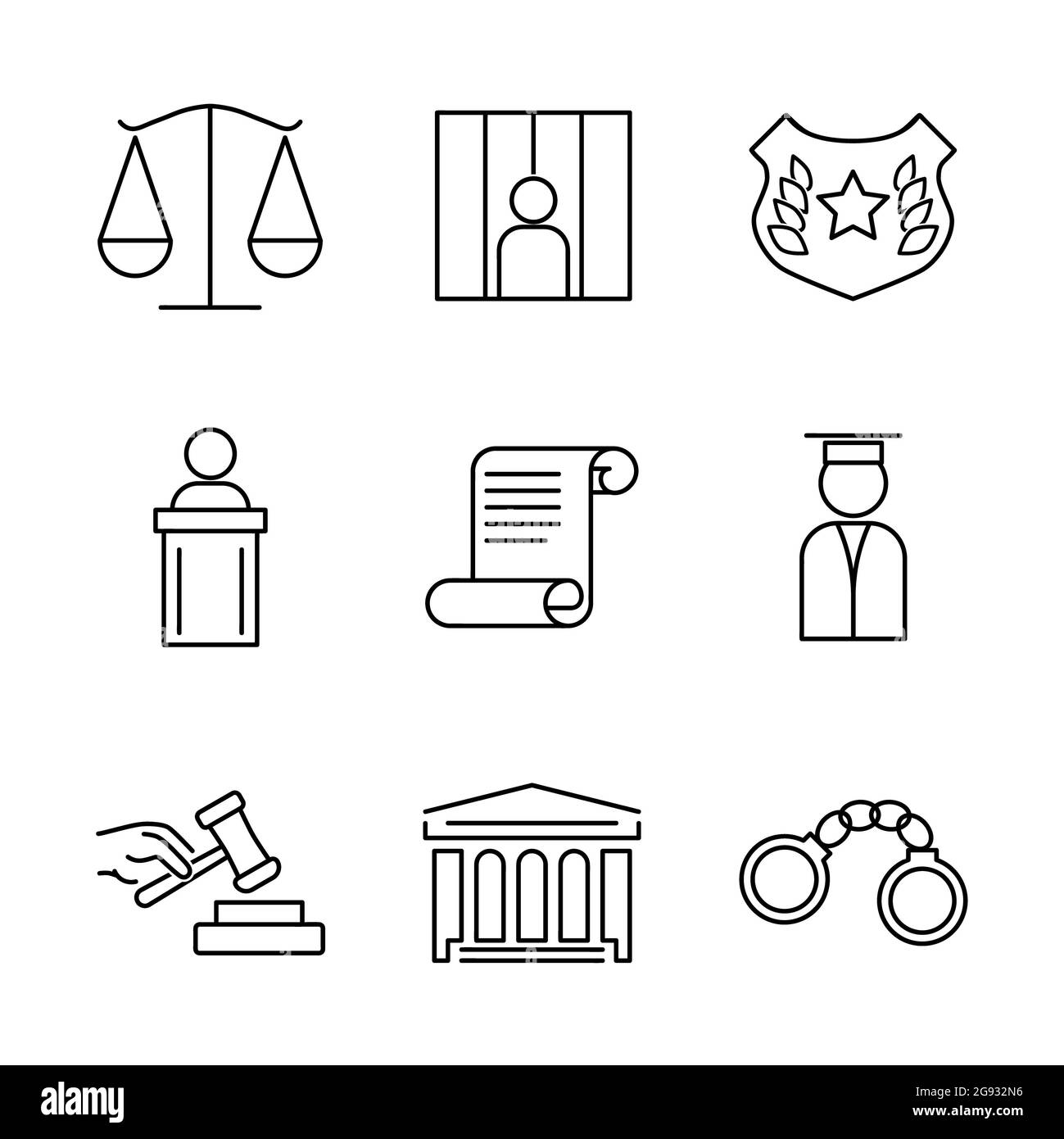 Icon set of law stuff. Judge pictogram for web. Line stroke. Court ...