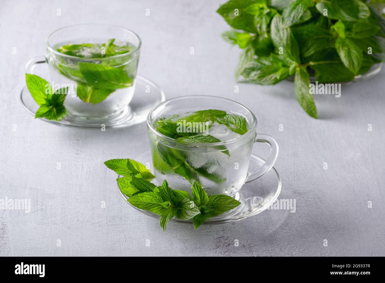 Iced mint tea, refreshing herbal drink in a glass with ice and fresh ...