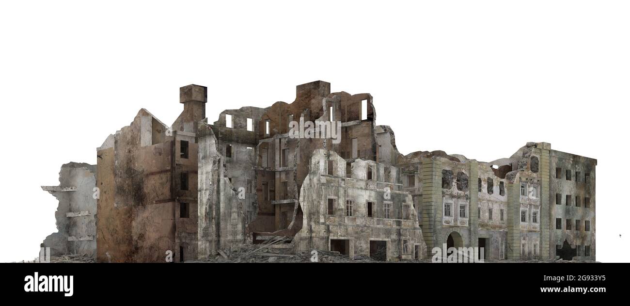 3D illustration ruined city building isolated on white Stock Photo - Alamy