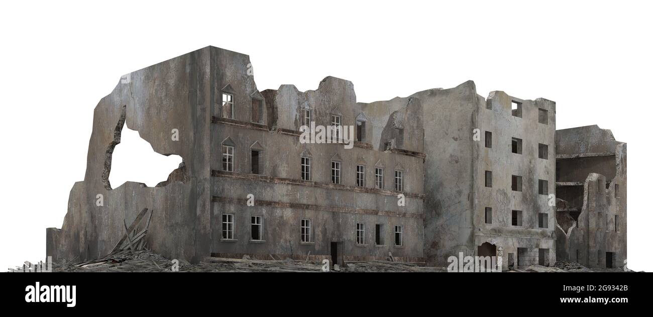 3D illustration ruined city building isolated on white Stock Photo - Alamy