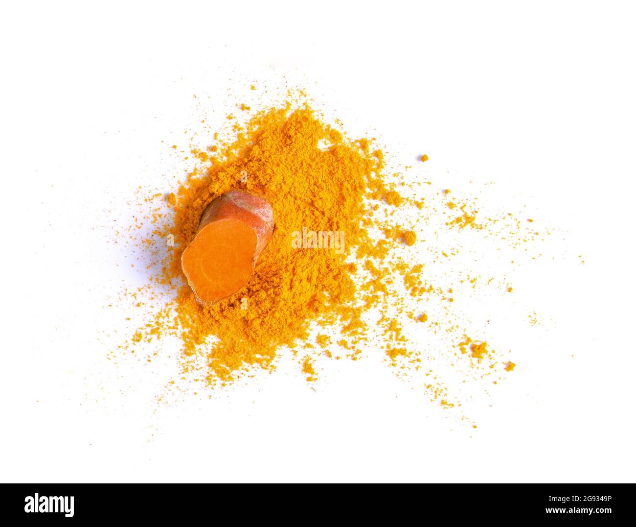 Turmeric (Curcuma) powder pile isolated on white background, top view ...