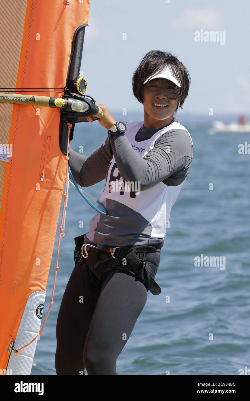 Kanagawa, Japan. 24th July, 2021. Yuki Sunaga (JPN) Sailing : Women's RS:X Windsurfing practice ...