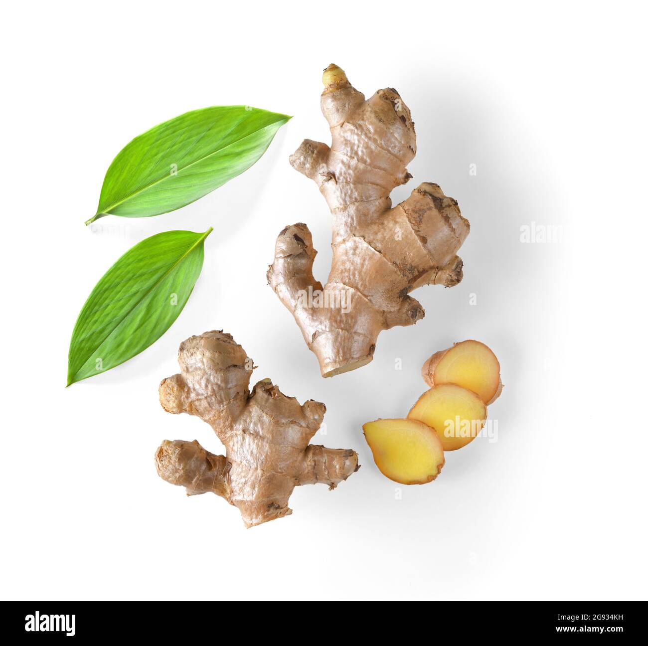 Ginger with leaves Isolated on a white background Stock Photo - Alamy
