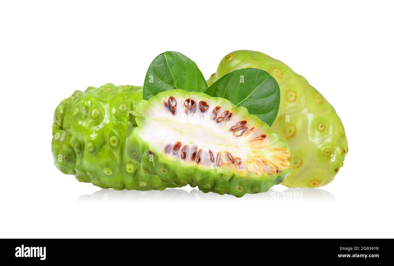 Noni with leaf on white background Stock Photo - Alamy
