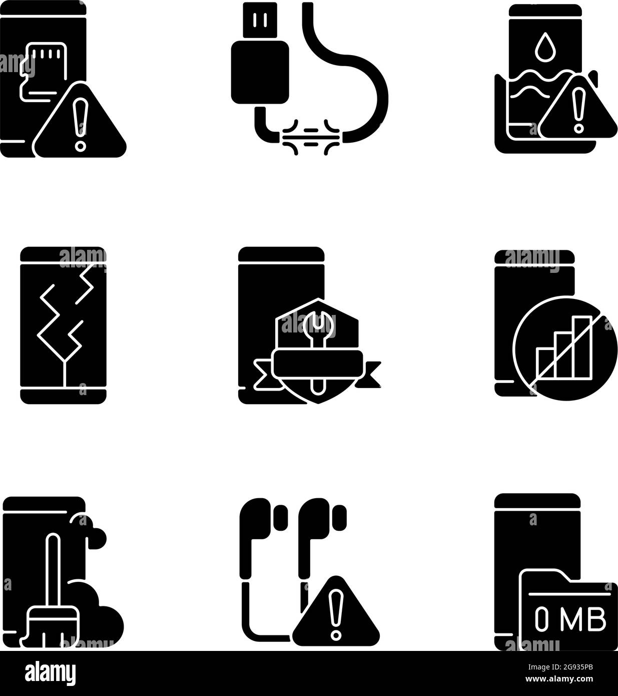 Mobile phone technical issues black glyph icons set on white space ...