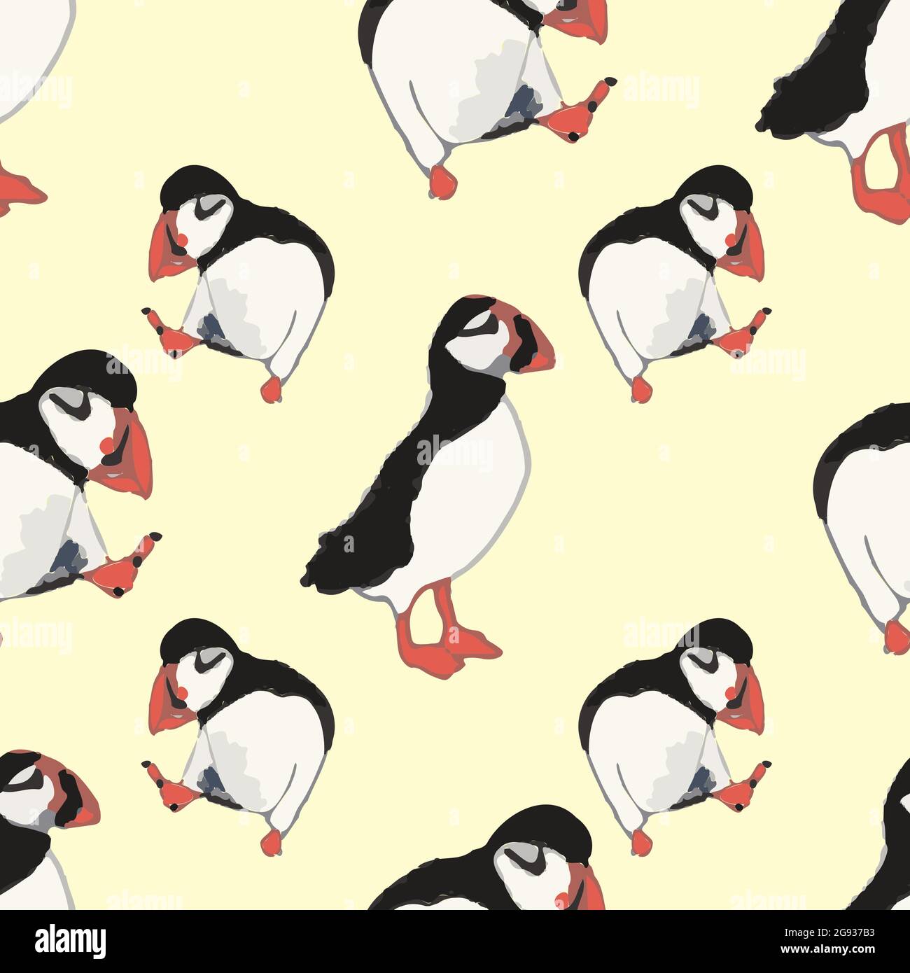 Vector yellow background ocean seabird, arctic birds, puffins. Seamless ...