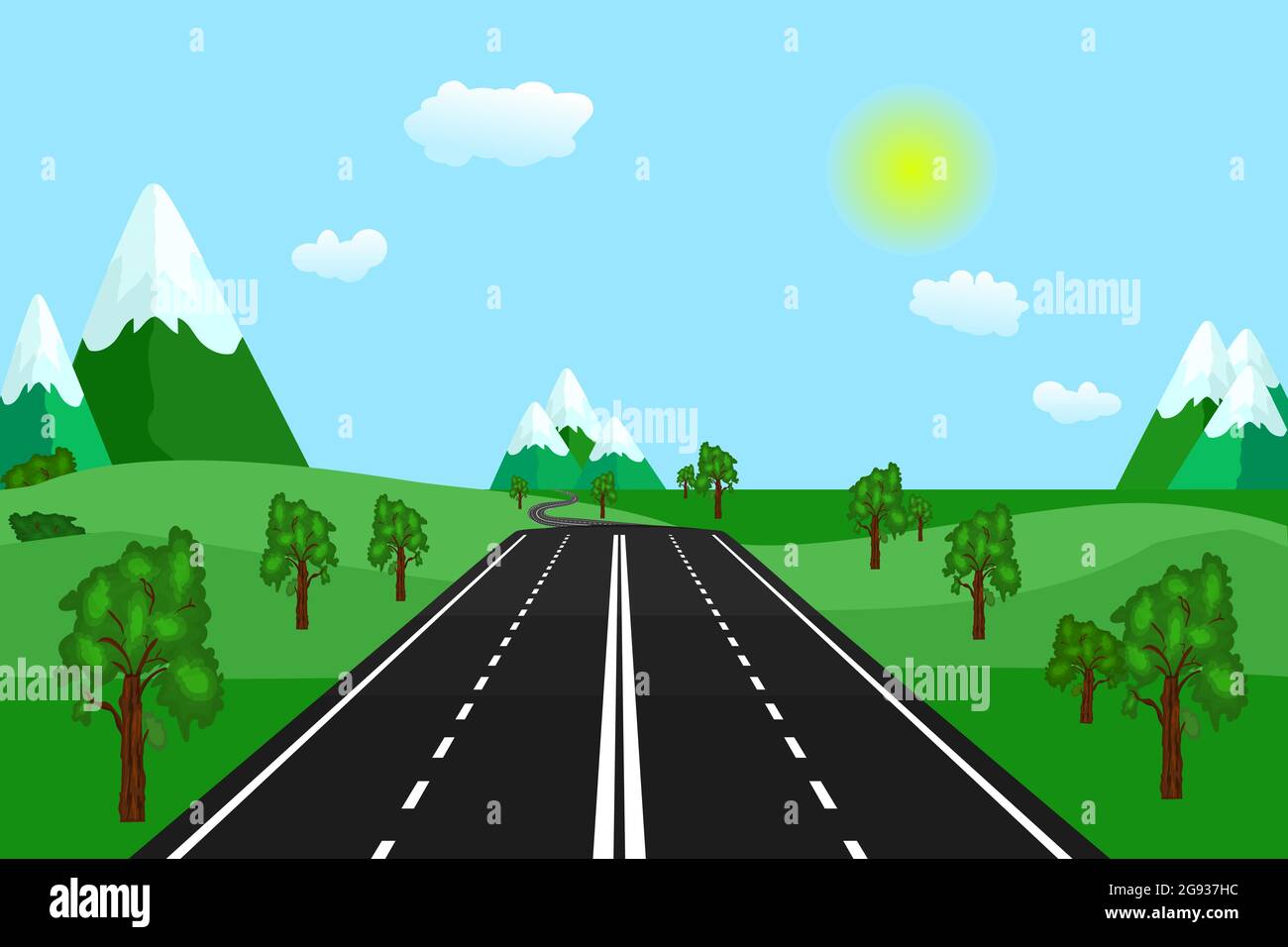 Country road in green field and mountains. Summer or spring landscape ...