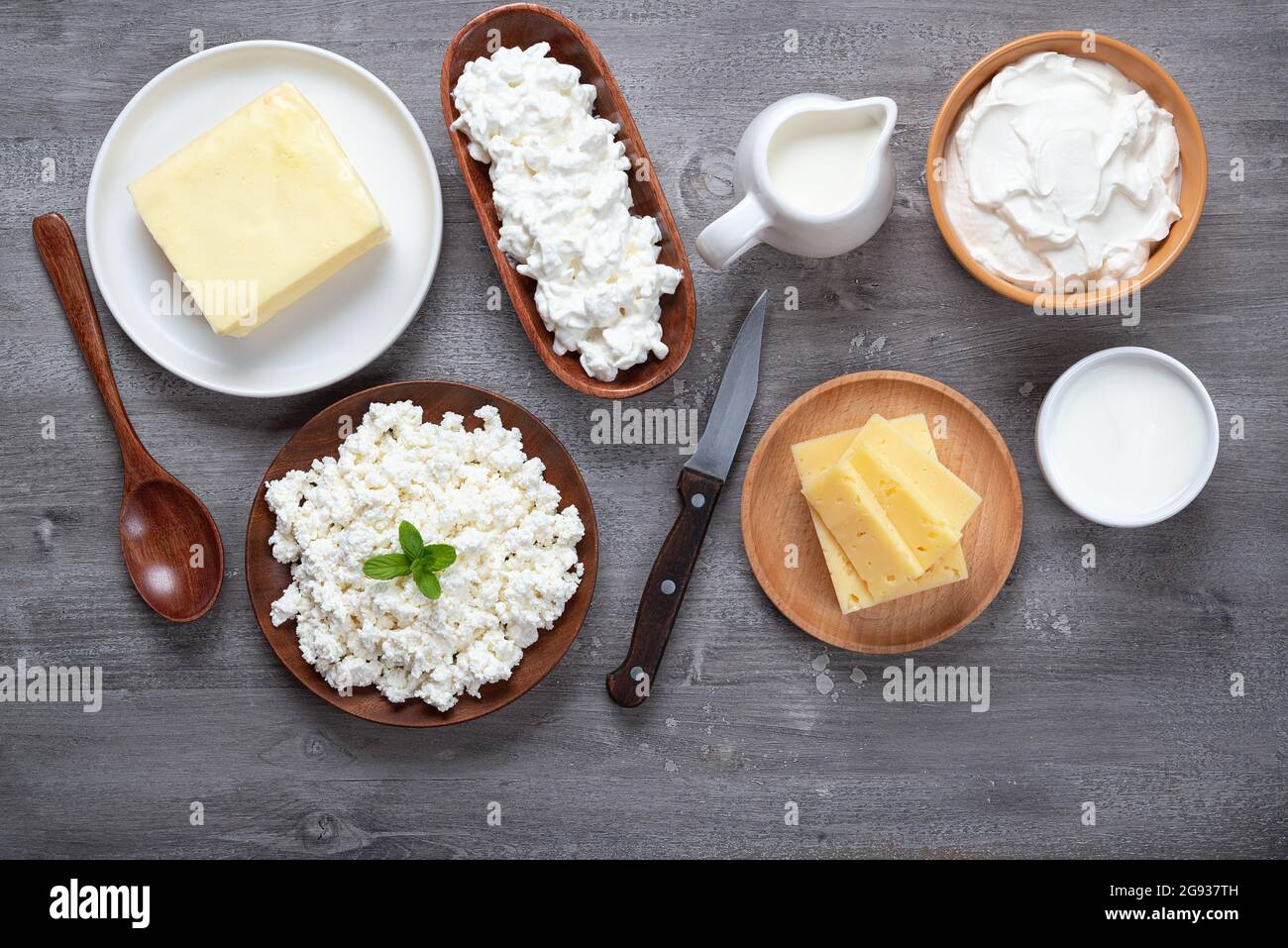 Different types of dairy products on dark background Stock Photo - Alamy